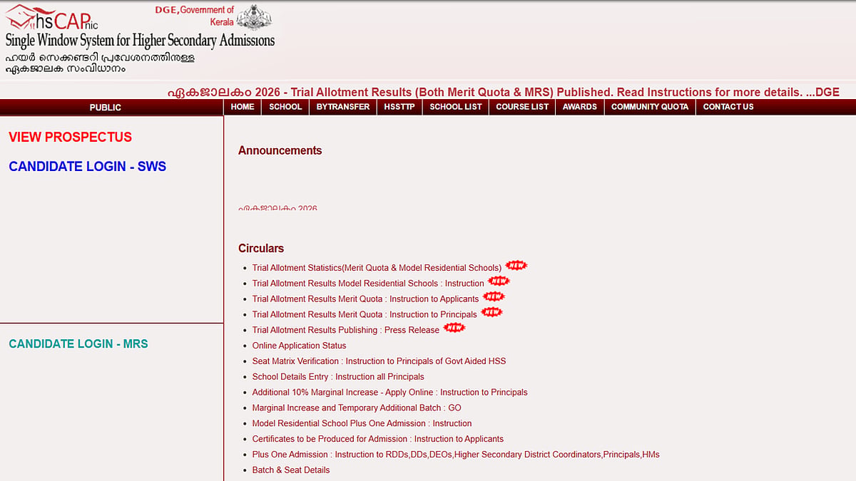 Kerala Plus One Trial Allotment Result 2026: HSCAP +1 merit list out