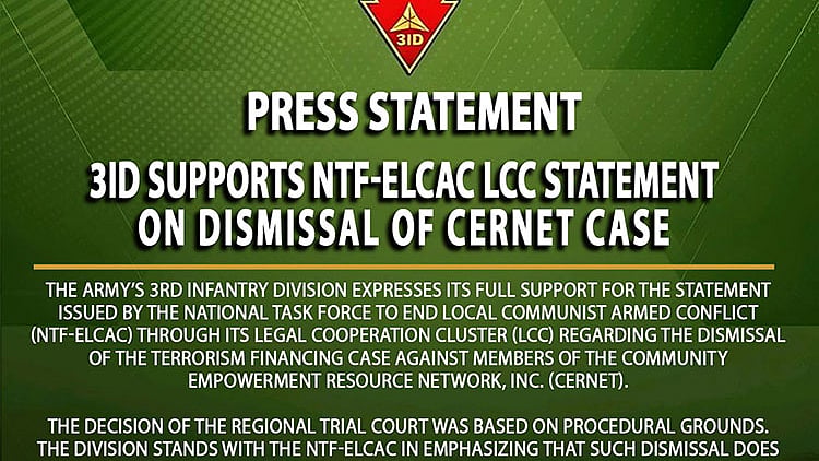 3ID backs NTF-Elcac statement on dismissal of terrorism case