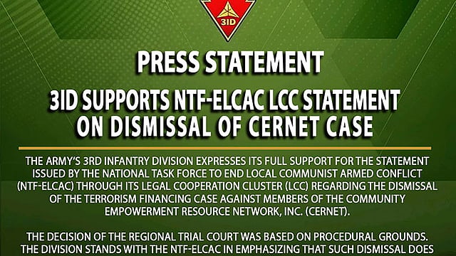 3ID backs NTF-Elcac statement on dismissal of terrorism case